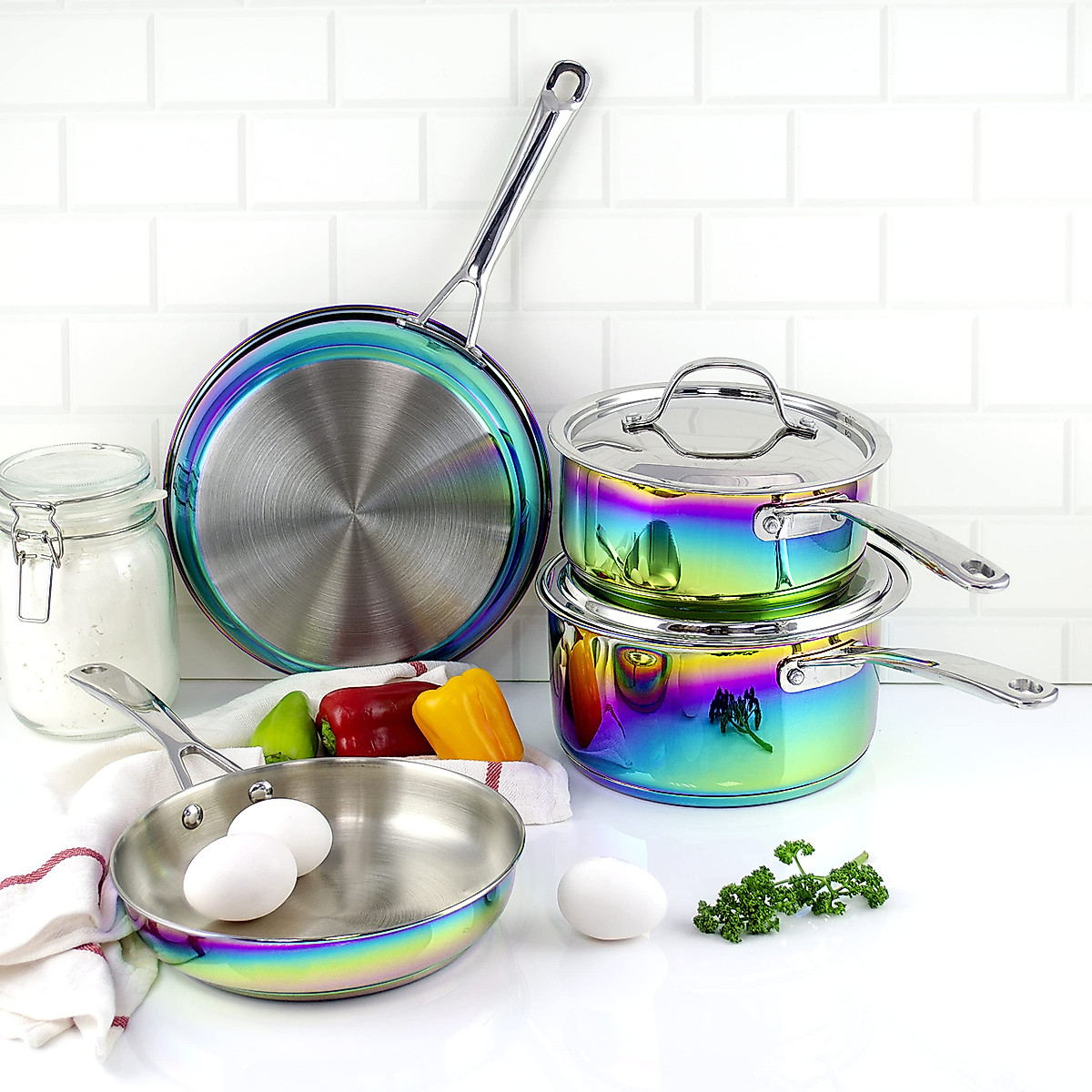 The Magical Kitchen Collection - Iridescent Rainbow Cookware Set - Premium Heavy Duty Stainless Steel and Titanium Pots & Pans Set - Rust Proof, Induction Stove & Oven-Safe (10 Piece)