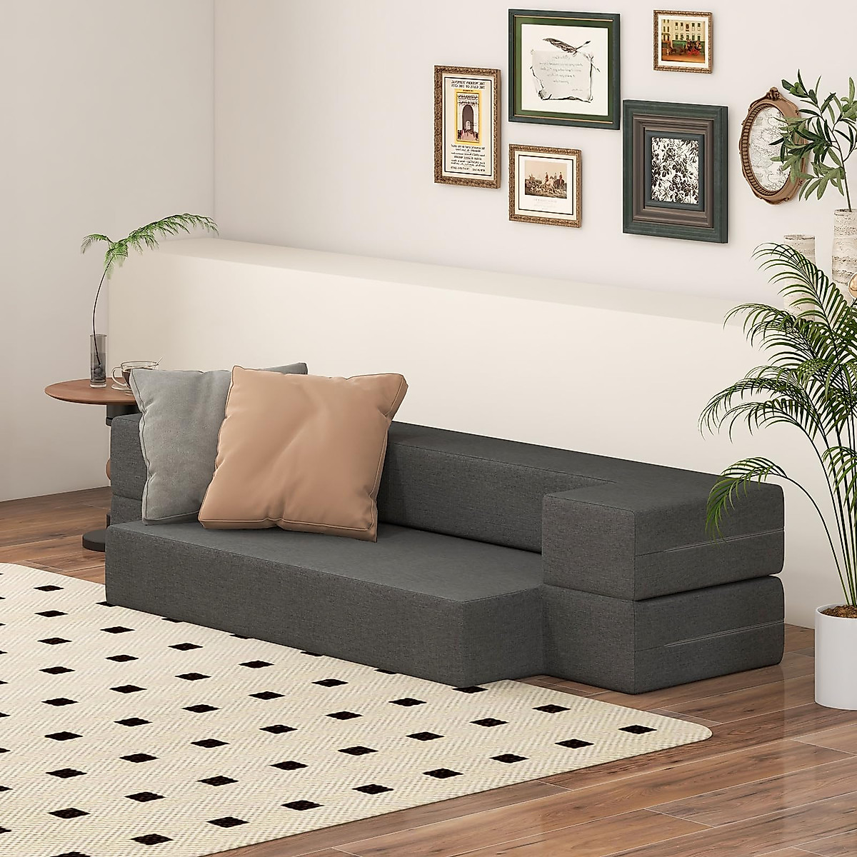 KOMFOTT Convertible Floor Sofa Bed, 8 Inch Memory Foam Mattress with Washable Cover, Fold Out Sleeper Sofa Futon Couch, Linen Fabric Floor Couch for Living Room, Bedroom, Guest Room, Dark Grey, Twin