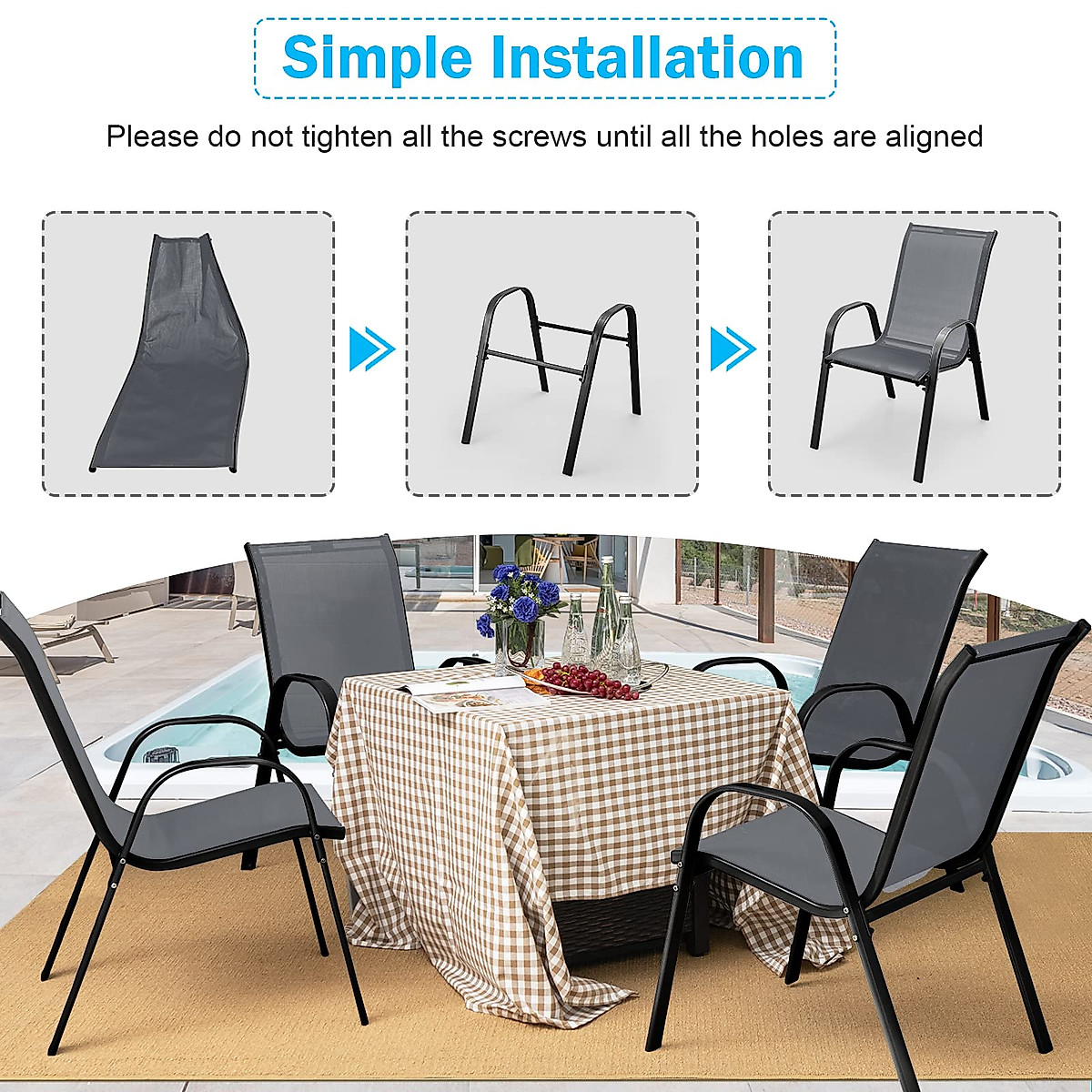 Tangkula 4 Pieces Patio Dining Chairs, Outdoor Stackable All Weather Heavy Duty Dining Chairs Set with Armrests, Support 330 LBS, for Poolside, Backyard, Garden, Deck, Front Porch (Grey)