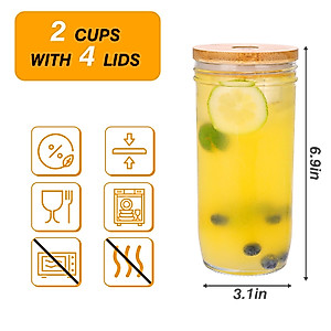 Moretoes 2pcs 24oz Glass Cups with Lids and Straws, Mason Jar Glass Cups, Glass Iced Coffee Cups Set for Jumbo Smoothie, Bubble Tea, Cold Brew, Soda,