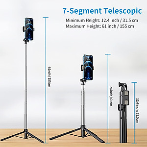 K&F Concept 61'' Bluetooth Selfie Stick Tripod, Extendable Selfie Stick with Wireless Remote & Mini Tripod Stand, Stainless Steel 360° Rotation Phone Holder for iPhone Samsung Android