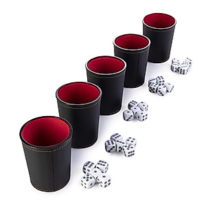 5 Leather Dice Cups and 25 Bullseye Dice by Bullseye Game Night | Classic Dice for Farkle, Liar's Dice, Bunco | Black and Red
