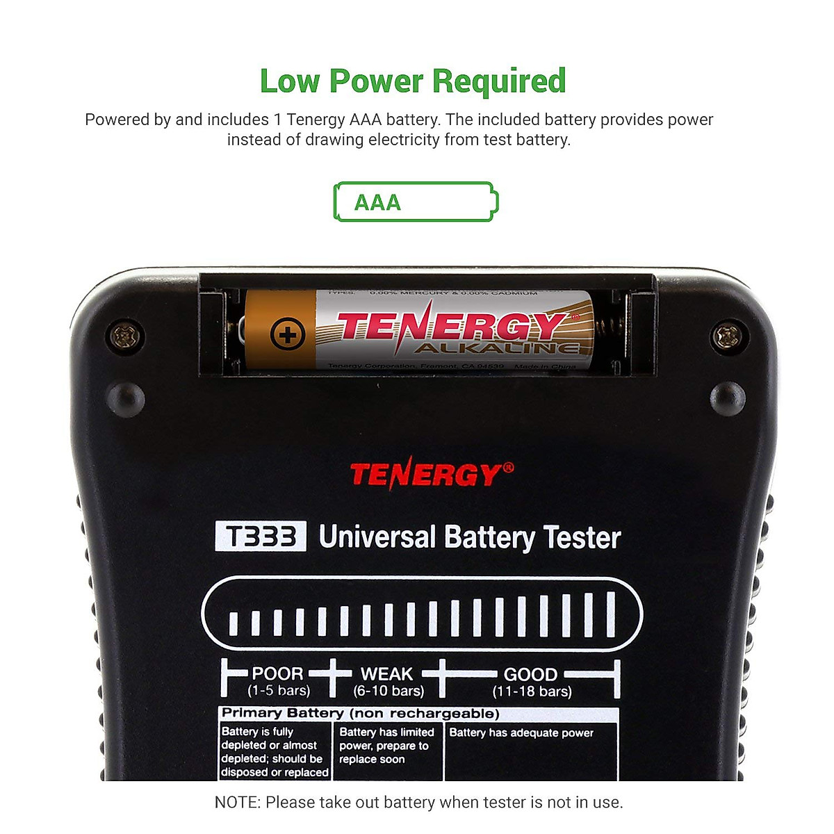 Tenergy T-333 Universal Battery Tester, LCD Display, Cell Checker, Multi-Purpose Small Battery Tester, for AA, AAA, C, D, 9V, CR123A, CR2, CRV3, 2CR5k CRP2, and Button Cell Batteries