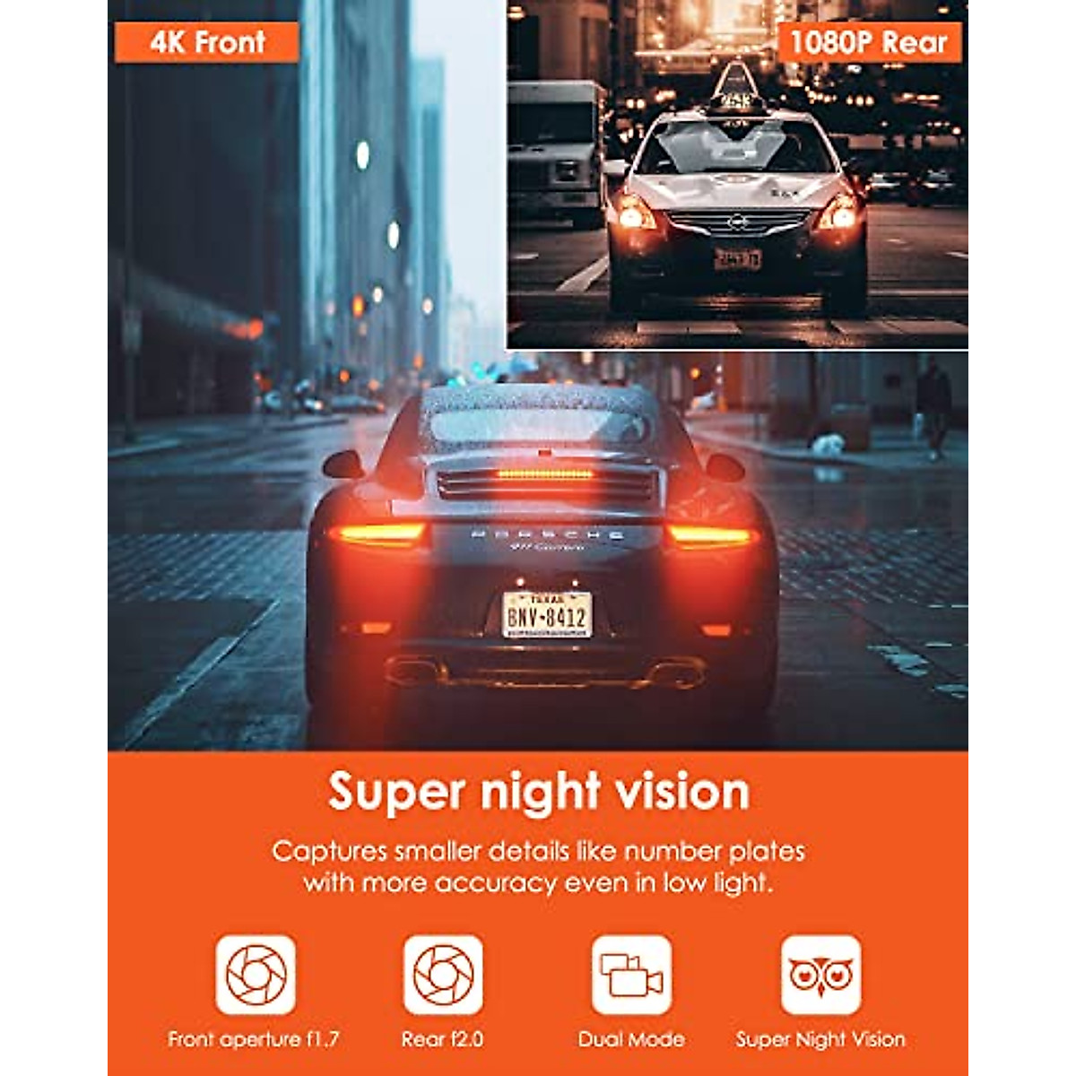 Vantrue X4S Duo True 4K Dual WiFi Dash Cam with Free APP, 4K+1080P Front and Rear Dash Camera, 24 Hours Parking Mode, Super Night Vision, Motion Detection, Front 60FPS, Capacitor, Support 512GB Max