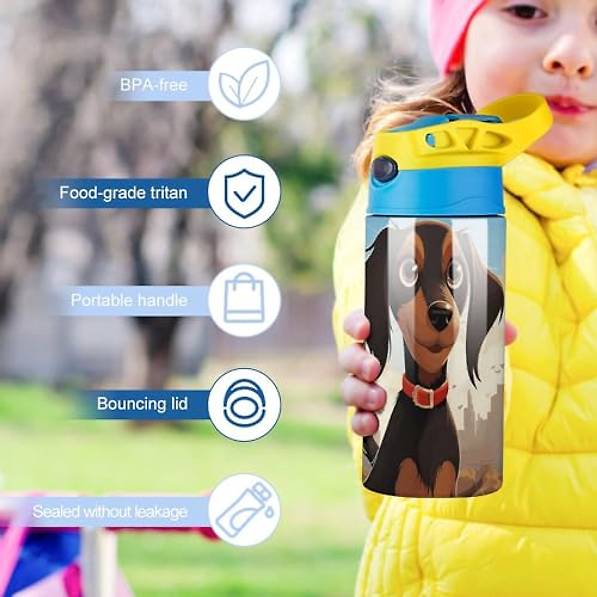 Stainless Steel Water Bottles I Love My Dog Dachshunds Travel Water Cups with Handle And Silicone Straw Drinking Cup with Leak Proof Lid Thermo Travel Mug for Women Men