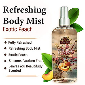 OKAY Fragrance Exotic Peach Body Mist - Body Spray for Women, Light Perfume Mist for Skin, Clean Refreshing Scent, Uplifting and Fruity, Silicone and Paraben Free - 8 Fl Oz