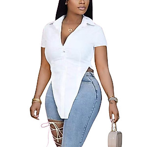 LYANER Women's Collar V Neck Button Front Short Sleeve Slit Hem Long Shirt Blouse Top Solid White Small