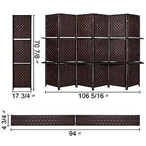 Maxhonor 6 Panels Room Divider, 6 FT Tall&Extra Wide Weave Fiber Room Divider with 2 Shelved, Double Hinged,Folding Privacy Screens, Freestanding Room Dividers (Coffee)