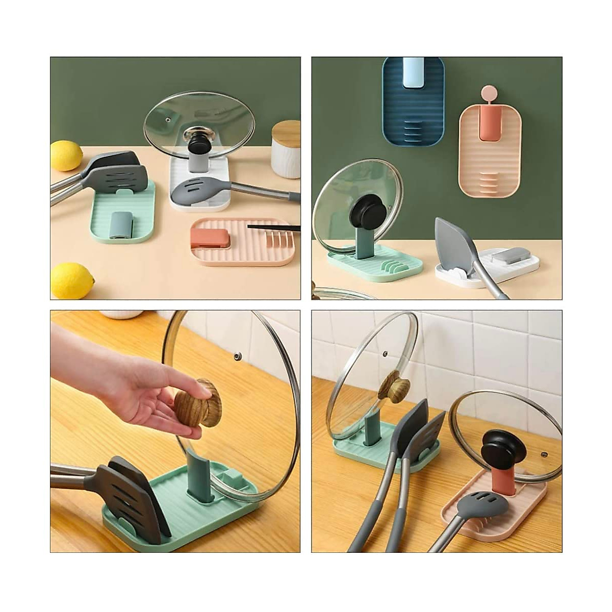 Multifunction Spoon Rest And Pot Lid Holder, Foldable Organizer Household Plastic Utensil Anti-Slip Pan Cover Holder Storage Rack Pot Lid Stand Spoon Shelf (White)