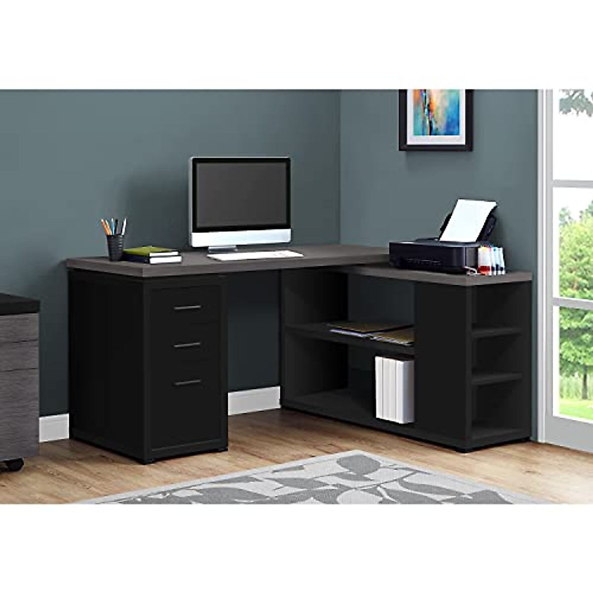 Monarch Specialties Computer Desk L-Shaped Corner Desk with storage - Left or Right Facing - 60"L (Black - Grey Top)