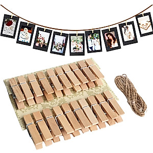 Grebest Clothespins Set Sturdy Wooden Clips 20pcs Clothespin with Hemp Rope Home Classroom Photo Picture Hanging Colorful Clip Heavy Duty Sock Towel Sheet Light Brown