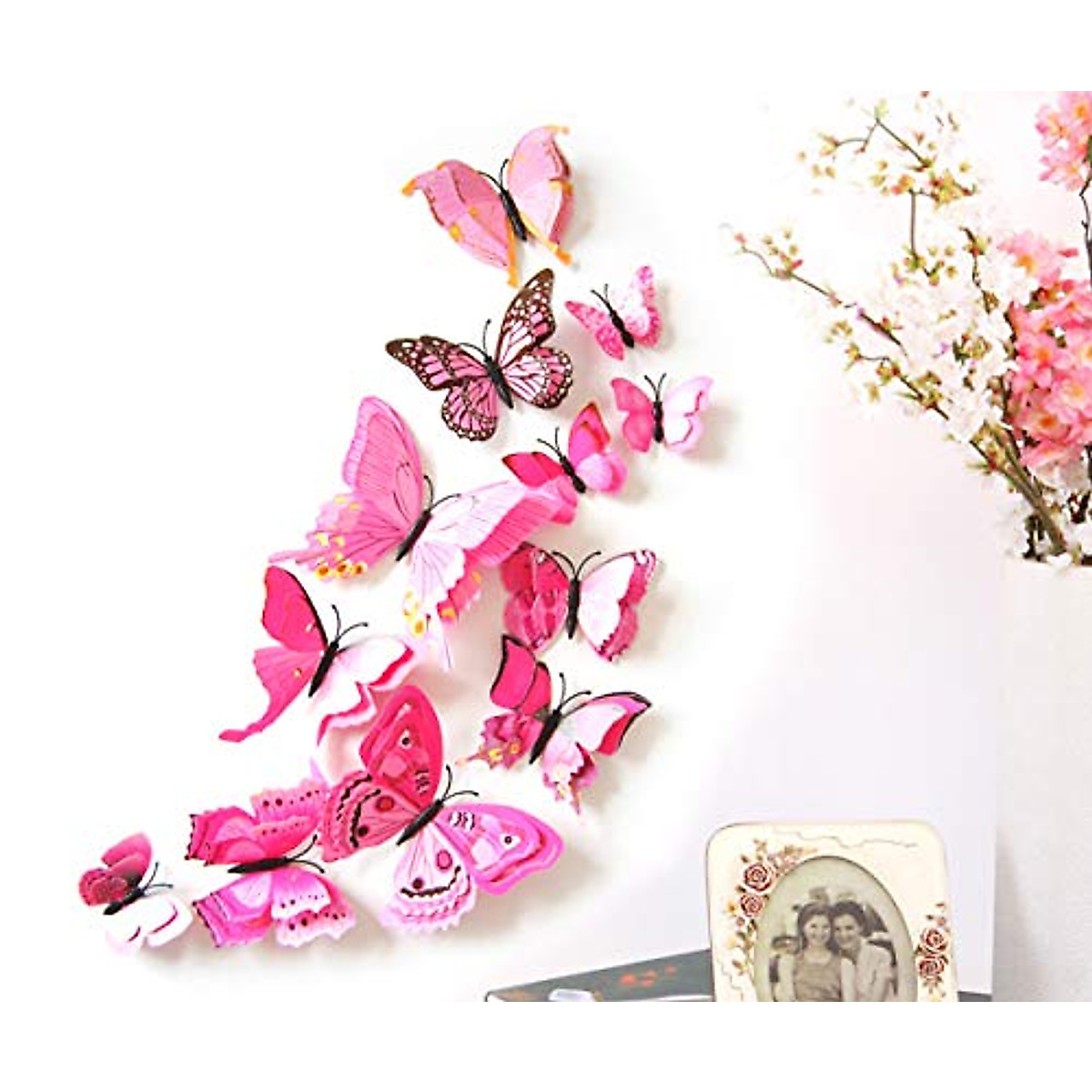 Butterfly Wall Decals 24Pcs 3D Butterflies Stickers Removable Mural Decor for Kids Room Bedroom Decor Living Room Decor (Pink)