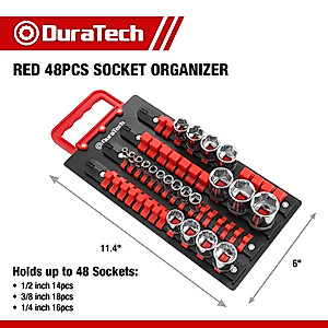 DURATECH Socket Organizer, 48-Piece Portable Socket Holder with Handle, ABS Socket Tray Wall and Tool Cart Mounted, 1/4", 3/8", 1/2" Drive Socket Organizer Tray, Red(Socket not Included)