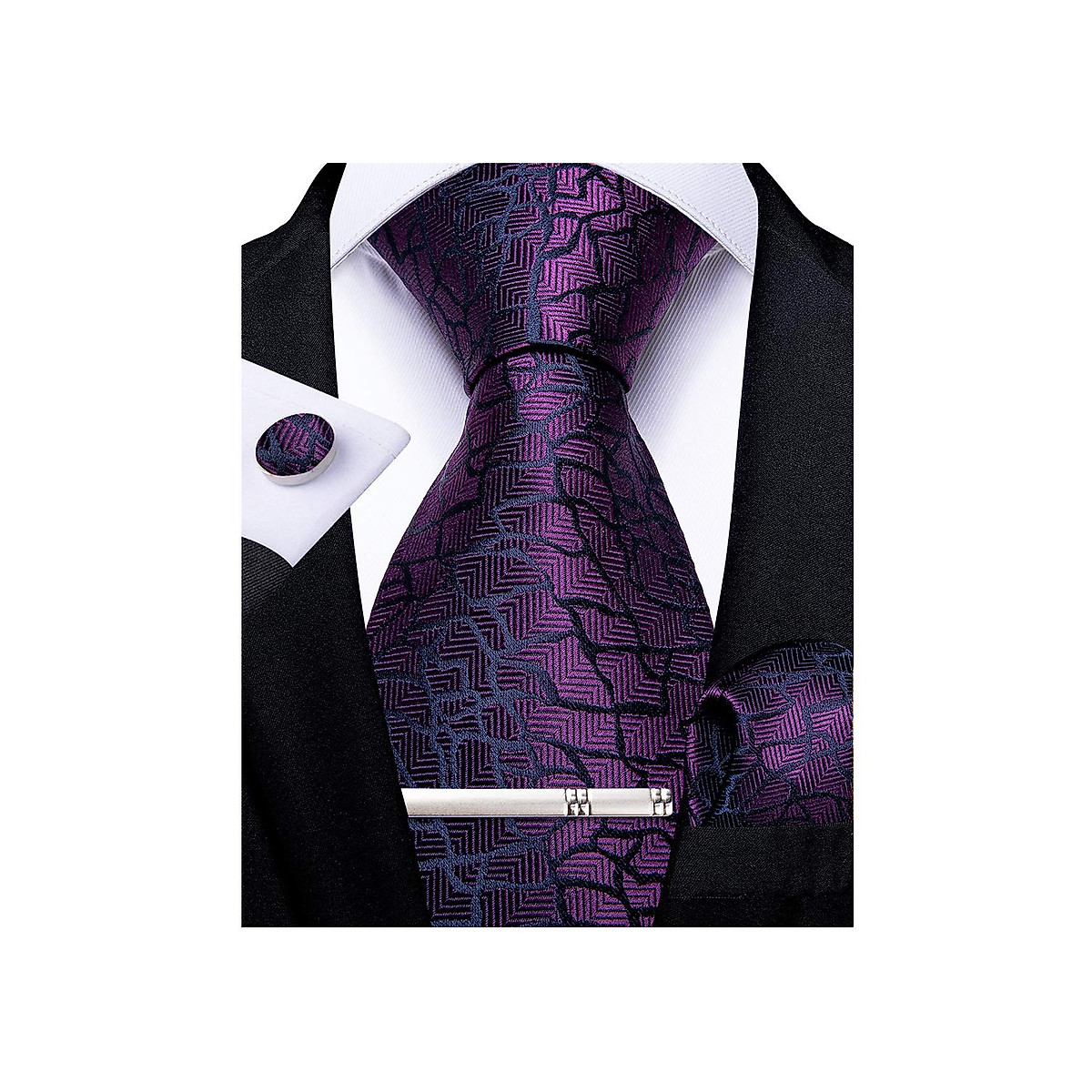 DiBanGu Plaid Ties for Men Silk Checkered Necktie and Pocket Square Cufflinks Tie Clip Set with Gift Box for Wedding Business, Purple and Black