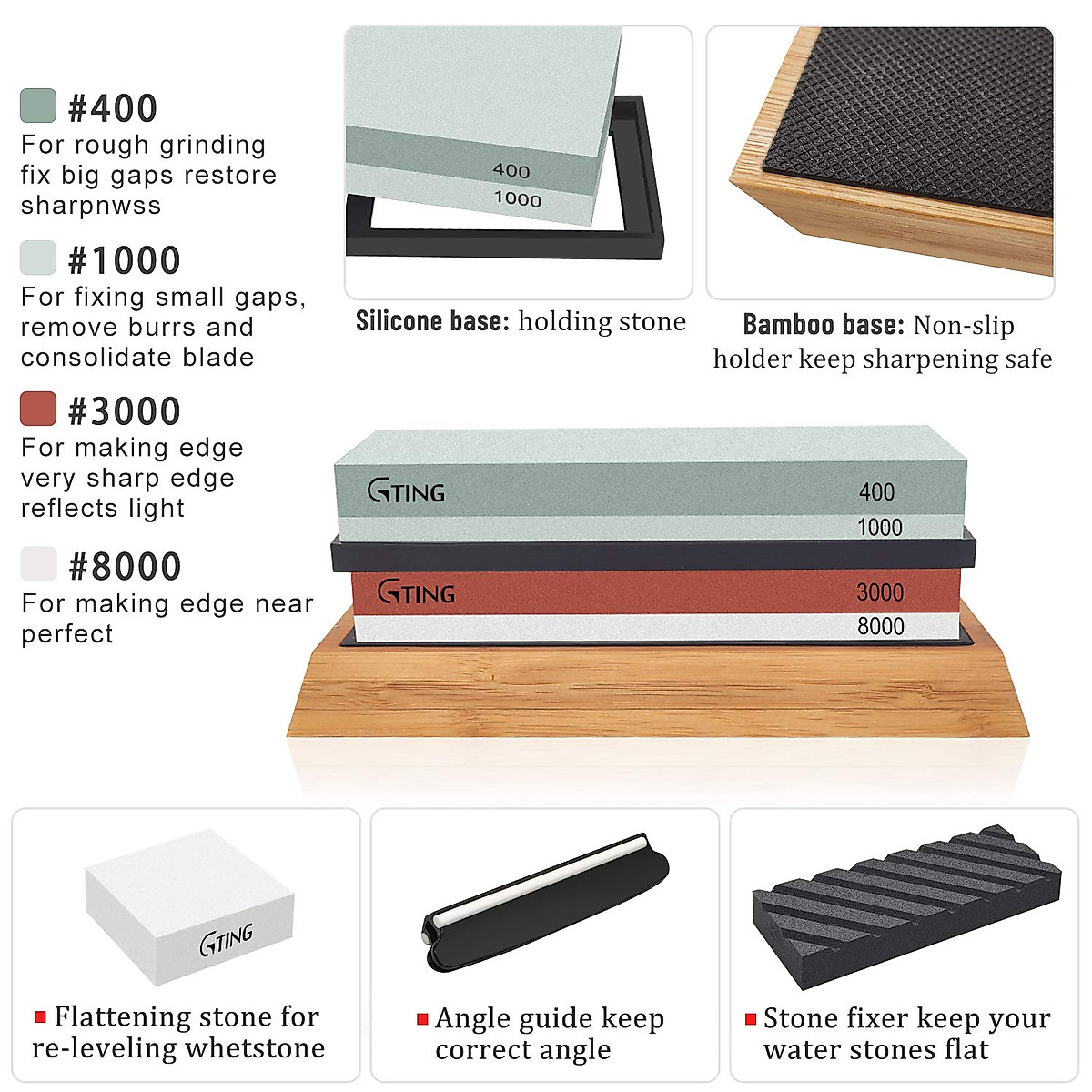 Sharpening Stone Whetstone Knife Sharpener, G-TING 400/1000 and 3000/8000 Grit Knife Sharpening Kit Wet Stone with Flattening Stone, Angle Guide, Non Slip Bamboo Base for Kitchen Knives, Pocket Knife