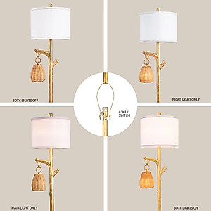 63.5" High Rustic Farmhouse Tree Trunk Floor Lamp Brown Finish Wicker Drum Shade and Linen Fabric Shade Lamp Decor for Living Room Bedroom