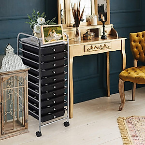 GOFLAME Rolling Drawer Cart with 10 Drawers, Utility Storage Organizer Cart with Wheels and Metal Frame, Art Cart for Office, School, Home, Black