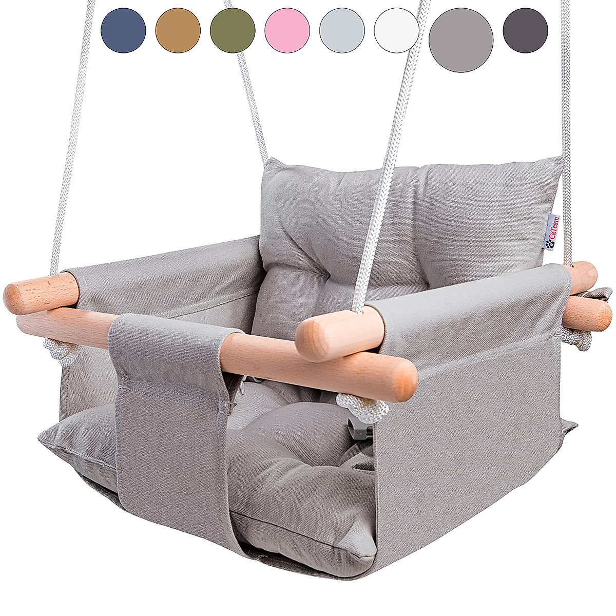 CaTeam - Canvas Baby Swing, Wooden Hanging Swing Seat Chair with Safety Belt, Durable Baby Swing Chair, Outdoor and Indoor Swing for Kids, Mounting Hardware Included, Taupe Gray