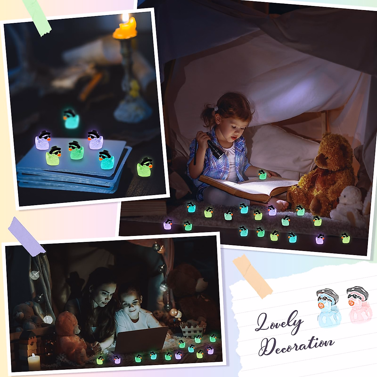Barydat 150 Pcs Luminous Mini Resin Ducks with Sunglasses Bulk Glow in The Dark Colorful Tiny Cowboy Duck to Hide for DIY Landscape Pot Aquarium Dollhouse Baby Shower Party Favor