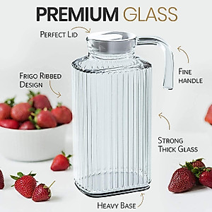 Fridge Pitcher Set of 2– 60 OZ. Glass Water Pitcher with Lid By Home Essentials & Beyond Practical and Easy to use Fridge Pitcher Great for Lemonade, Iced Tea, Milk, Cocktails and more Beverages.