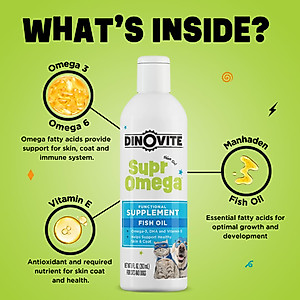 Dinovite SuprOmega Fish Oil for Dogs & Cats - Vitamin E & Omega 3 Meal Topper - Skin & Coat Health for Dogs & Cats - 8 oz