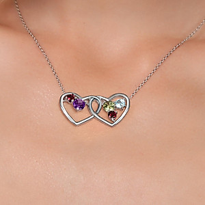 Gem Stone King 925 Sterling Silver Customized and Personalized 5 Round Gemstone Birthstone Double Heart Pendant Necklace Birthday Mother's Day Jewelry Gift for Mom Women with Silver Chain