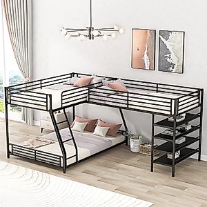 DNYN Twin Over Full Bunk Bed for Kids,L-Shaped Metal Bedframe with Loftbed Style & 4 Built-in Shelves,Perfect for Dorm,Bedroom,Guest Room,No Box Spring Needed,117.2"x77.5"x62.9", Black