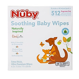 Nuby's Soothing Ultra Premium Baby Wipes Naturally Inspired with Chamomile, Aloe, and Citroganix, Fragrance Free, Extra Thick, 512 Count