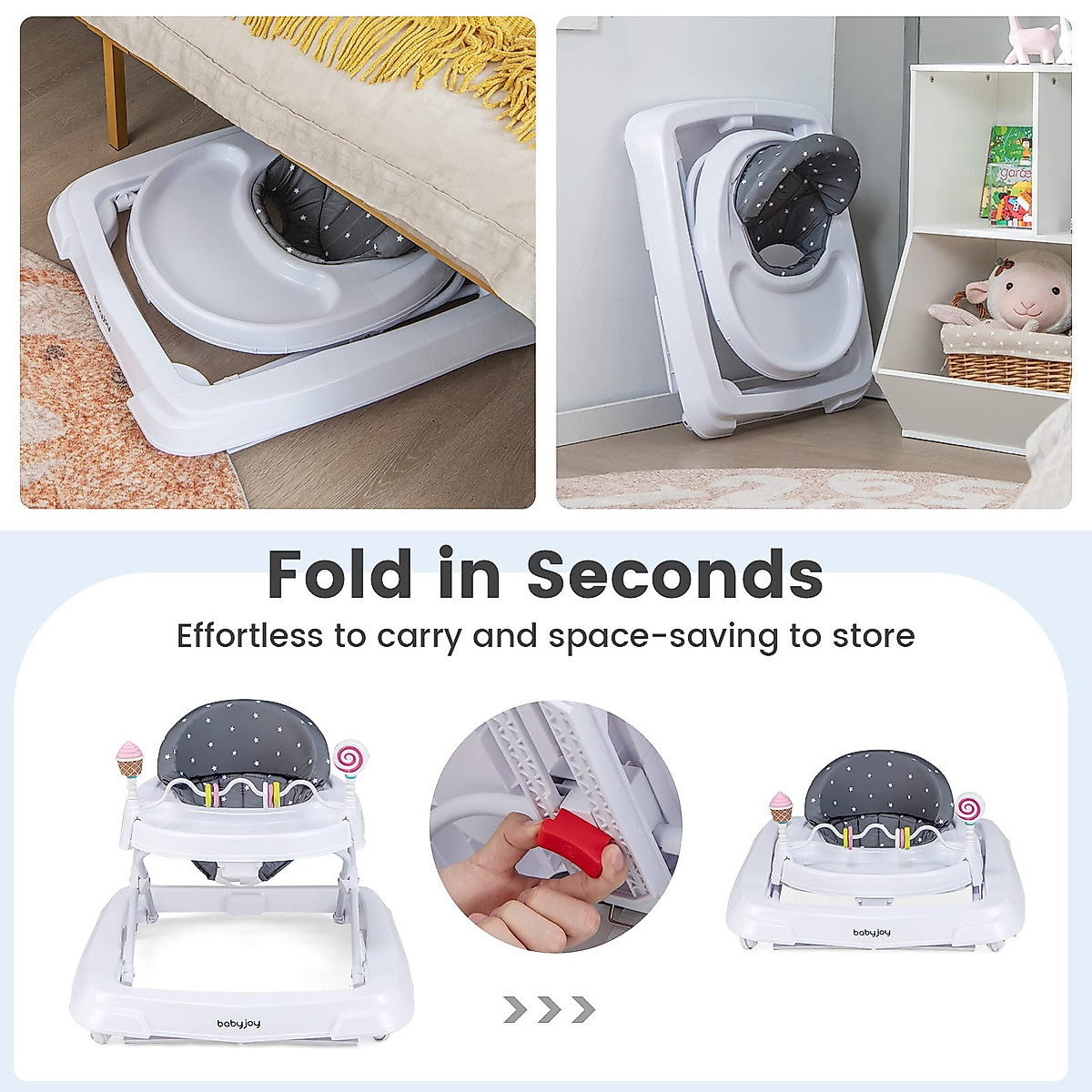 BABY JOY Baby Walker, Foldable Activity Walker Helper with Adjustable Height, Baby Activity Walker with High Back Padded Seat & Bear Toys (Gray, Star Pattern)