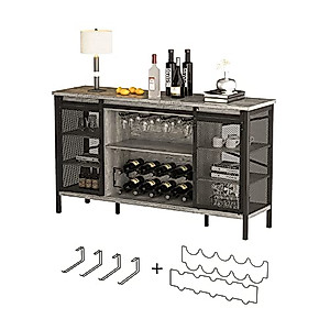 QNICE Industrial Wine Bar Cabinet / 55" Sliding Barn Door Coffee Bar Cabinet/Farmhouse Bar Cabinet with Wine Rack/Dark Rustic Oak/Easy Assembly