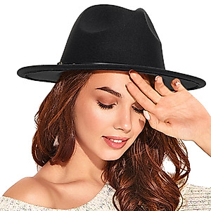 Felt Fedora Hat Womens Classic Hat Wide Brim Jazz Hat with Belt Buckle (Black with Black Belt, Medium (22"-23"))