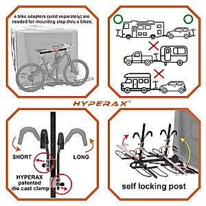 HYPERAX Special Combo - Volt RV 4X with 2X E-Bike Adapter & Steel Locking-Cable (L) -Hitch Mounted 4 Bike Rack Carrier for RV,Toad with Fits Up to 2x75lb E Bike +2X50lb Bikes with Up to 5" Fat Tire