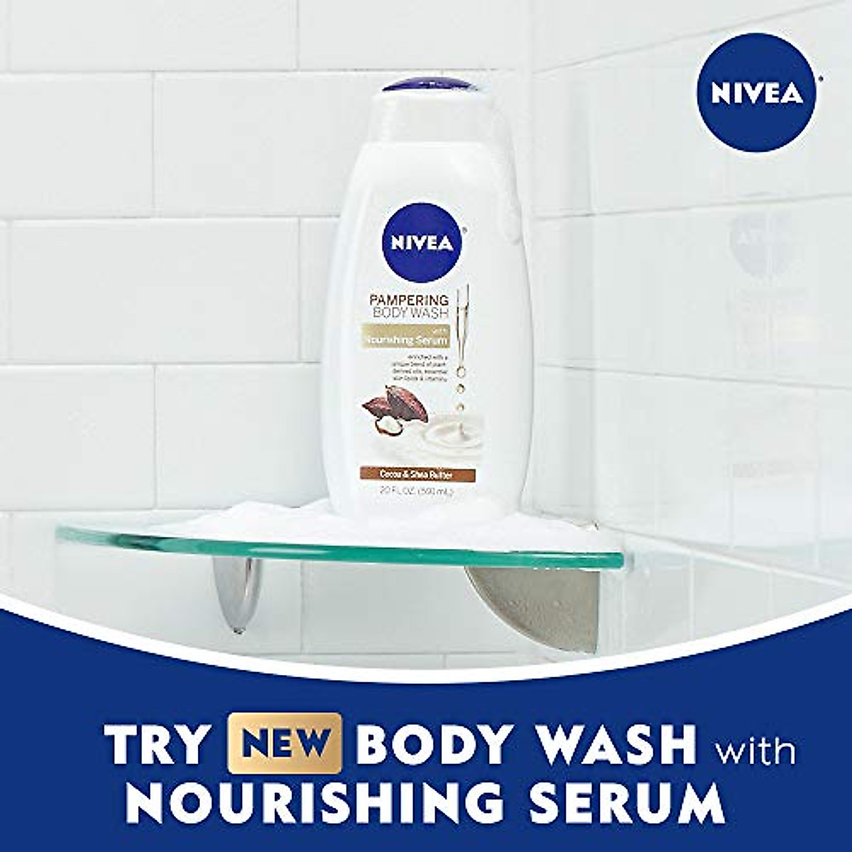 NIVEA Pampering Cocoa and Shea Butter Body Wash with Nourishing Serum, Moisturizing Body Wash for Women, Enriched with Provitamin B5 and Vitamin E, 20 Fl Oz Bottle