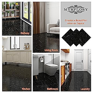 Mysflosy Peel and Stick Floor Tiles, Self Adhesive Waterproof Vinyl Flooring, 12''x12'' Dark Jade Black DIY Floor Sticker for Kitchen, Bathrooms & Bedroom, 1.5mm Thickness, 10 Tiles
