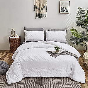 Wellboo White Tufted Comforter Sets King Embroidery Shabby Chic Bedding Comforter Sets Warm Soft Women Men Adult Broken Line Tufted Blankets Hotel Farmhouse Dorm Durable Quilts for All Seasons 3 PCS