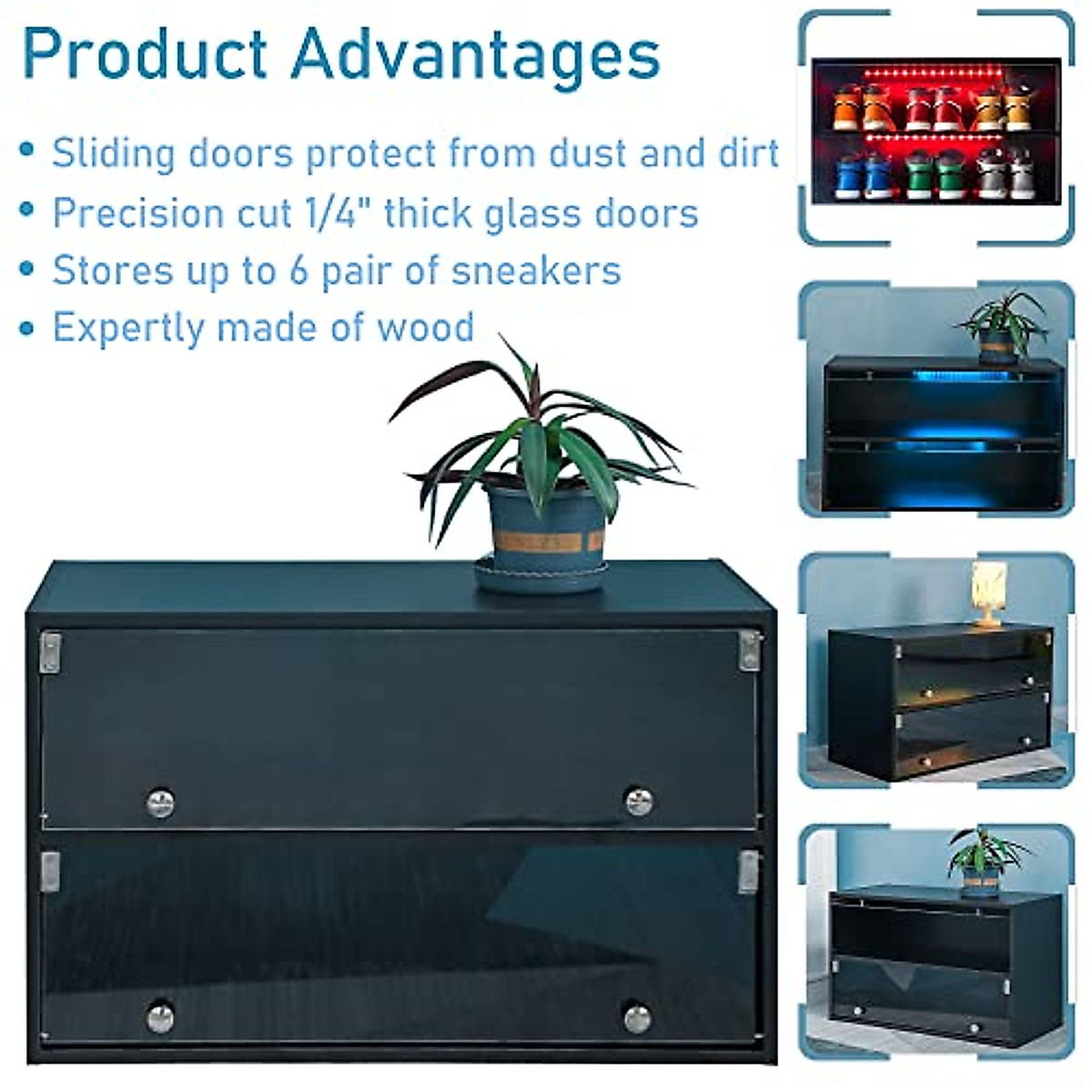 Veemuaro Shoe Storage Box, Wooden Stackable Shoe Storage Box with Sliding Glass Door, Shoe Organizer Storage Box with RGB Led Light for Up To 6 Pairs of Shoes, Shoe Storage Bin For Display Sneakers