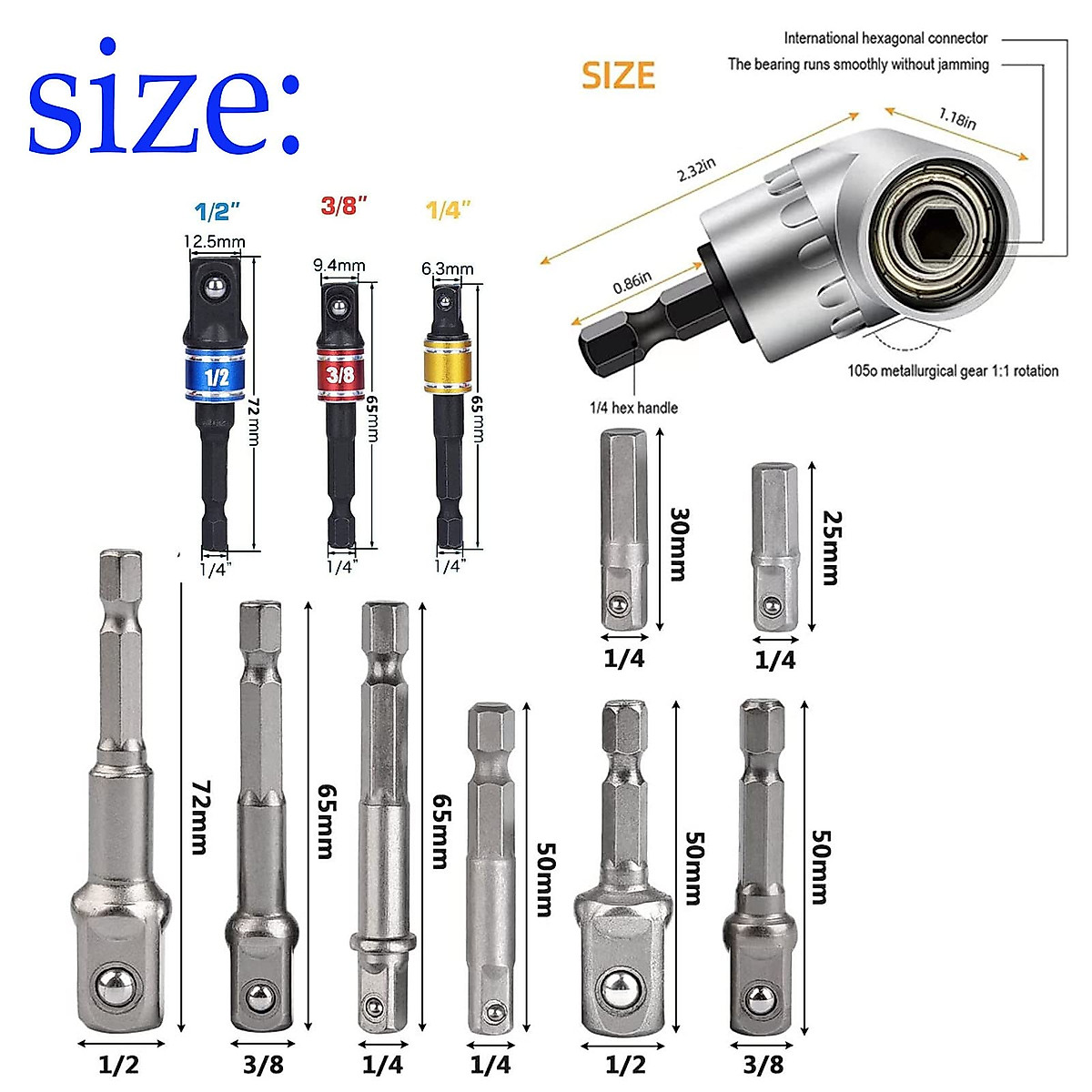 Reppkyh 11Pcs Socket Adapter Impact Hex Shank Drill Bits Power Extension Bar 8Pcs Sets 14 38 12 + 3Pcs 14 Hex Shank Screwdriver Bit Holder High Speed Nut Driver Drive