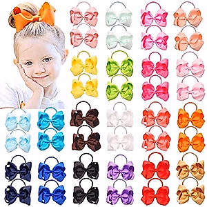 WillingTee 40Pcs 4.5 Inches Boutique Pops Hair Bows Elastic Hair Ties Grosgrain Ribbon Big Cheer Bow Ponytail Holder Elastic Ties for Girls Toddlers Kids Teens 20 Colors in Pairs