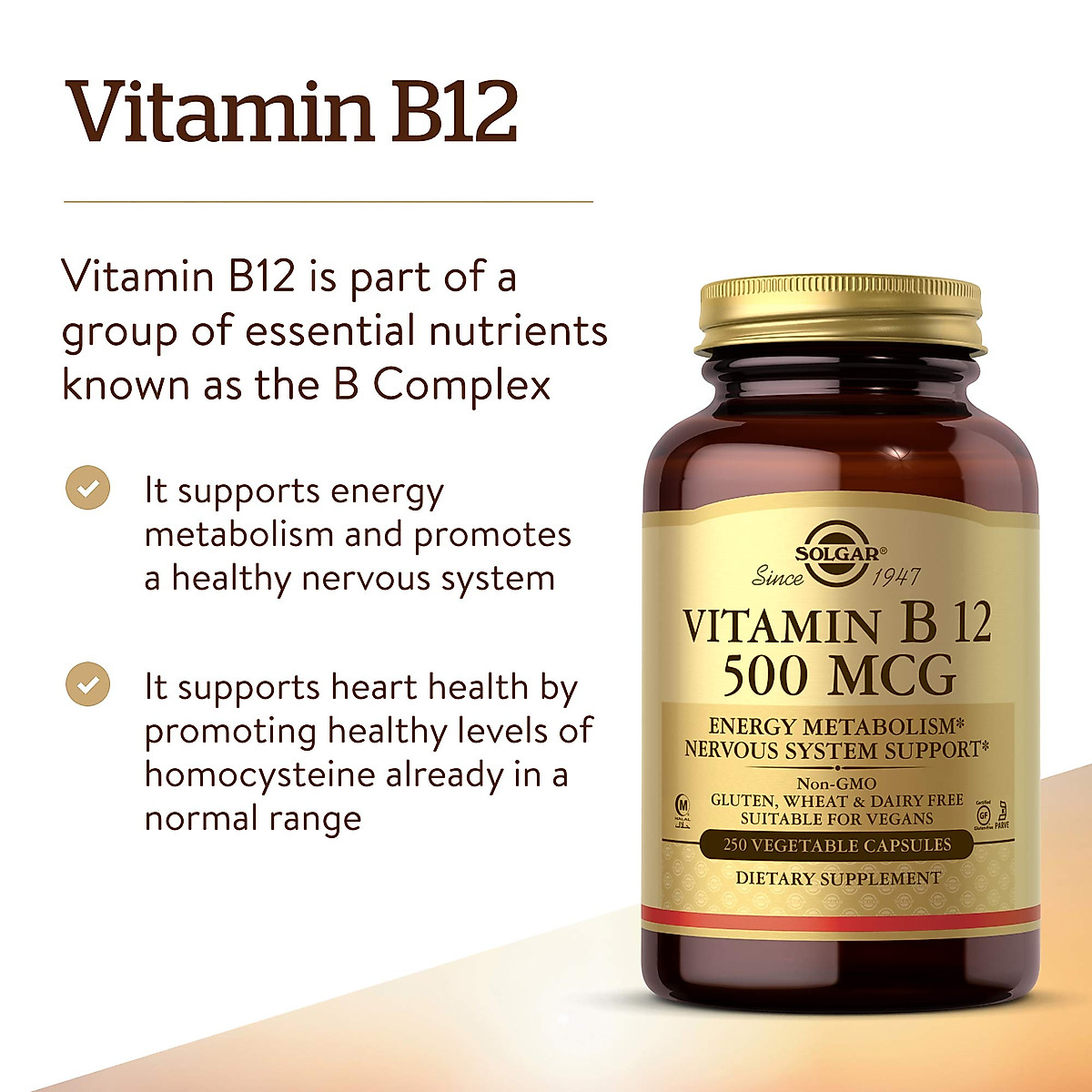 Solgar Vitamin B12 500 mcg Vegetable Capsules, Unflavored, 250 Count