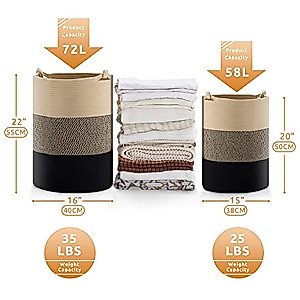 YOUDENOVA Cotton Rope Laundry Hamper, 72L Woven Collapsible Laundry Basket - Toy & Clothes Storage Basket for Blankets, Laundry Room Organizing, Bedroom Storage, Clothes Hamper Black & Brown