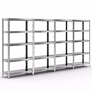 Giantex 4 Pcs 5-Tier Storage Shelves, 39 x 16 x 77 Inch Adjustable Steel Storage Rack with Foot Pads, 2866 LBS Load Capacity,Bolt-Free Installation Hevy Duty Garage Shelving for Warehouse, Silver