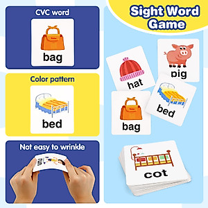 Joyreal Sight Word Spelling Games, CVC Flash Cards Kindergarten Homeschool, Wooden Vowel Letters Preschool Toys Fine Motor Skills Alphabet Blocks Learning Classroom 3-8 Years Old
