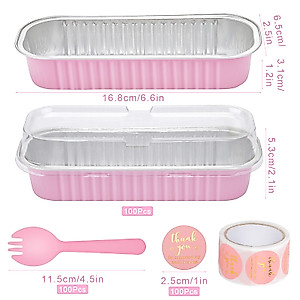 ylnurac 100Pack Pink Mini Cake Pans with Lids Mini Loaf Pans and Spoons and Stickers, 6.8Oz Aluminum Foil Pans Tins, Individual Dessert Cups Containers for Sales,Party,Picnic