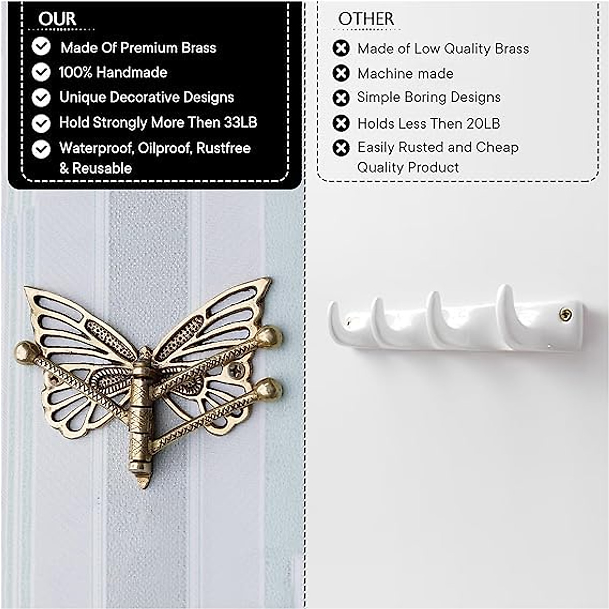 Indian Shelf Brass Butterfly Swivel Tri Arm Hook Foldable Decorative Wall Hooks 3 Prong Wall Hooks Vintage Towel Hooks Gold Coat Hooks Robe Hook Folding Coat Hooks Hangers