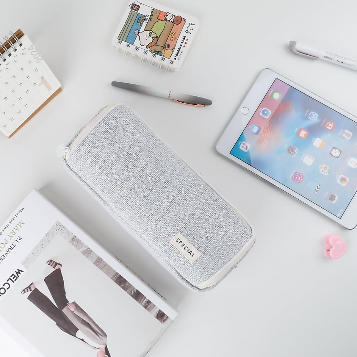 iSuperb Large Pencil Pouch 3 Compartments Pencil Case Big Capacity Pencil Bag for Kids Teen Girls Boys Student School Supplies Pen Organizer Holder Bag (Light Grey)