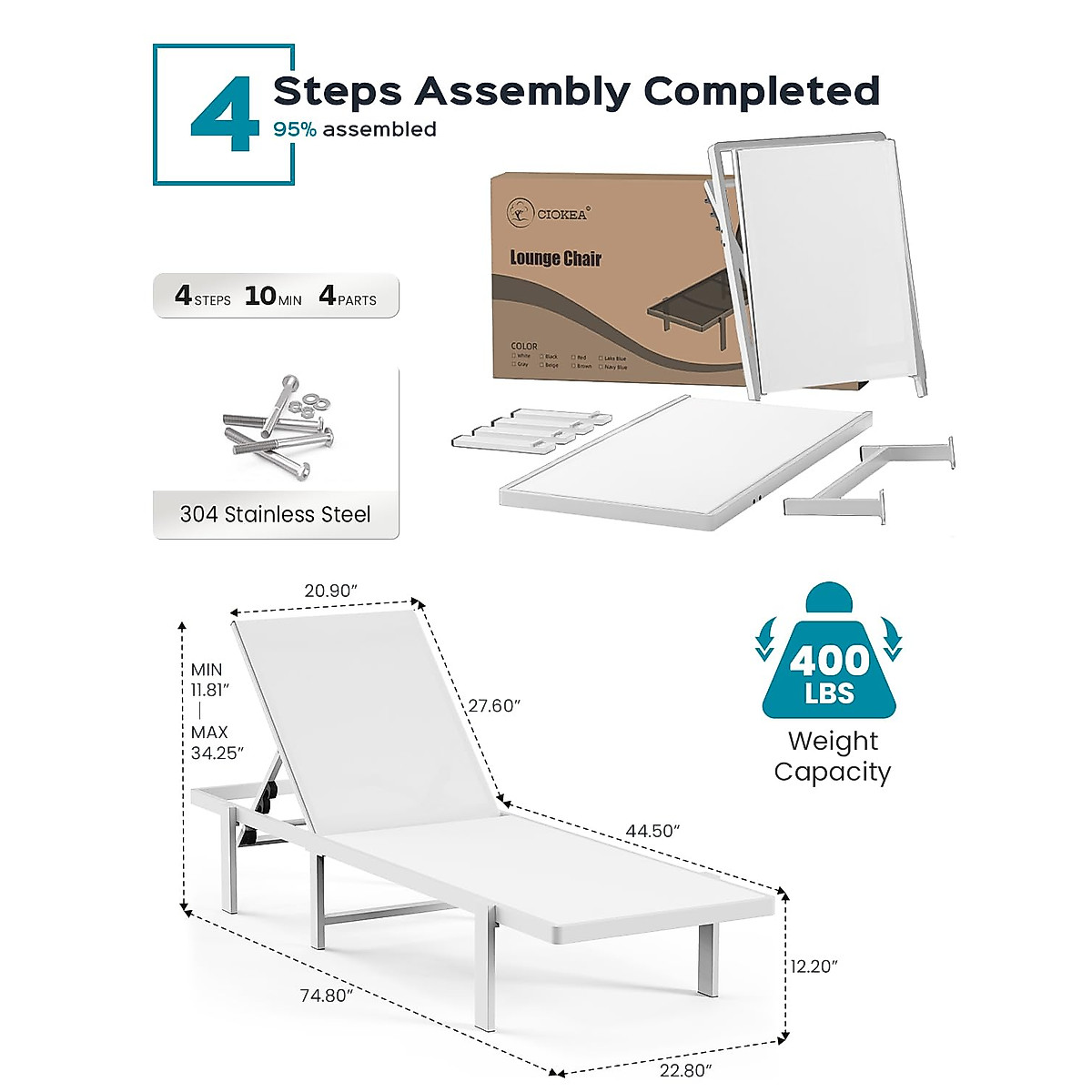Aluminum Chaise Lounge Chair Outdoor, Patio Lounge Chair with Adjustable 5-Position Recliner and Full Flat Tanning Chair for Patio, Beach, Pool, White