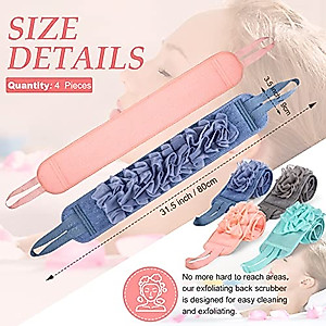 4 Pcs Exfoliating Back Scrubber for Shower Double Sided Exfoliating Cloth with Strap Handle Long Back Scrubber Cloth Body Scrubber Sponge Back Washer Cleaner for Women Men Deep Body Washing, 4 Colors