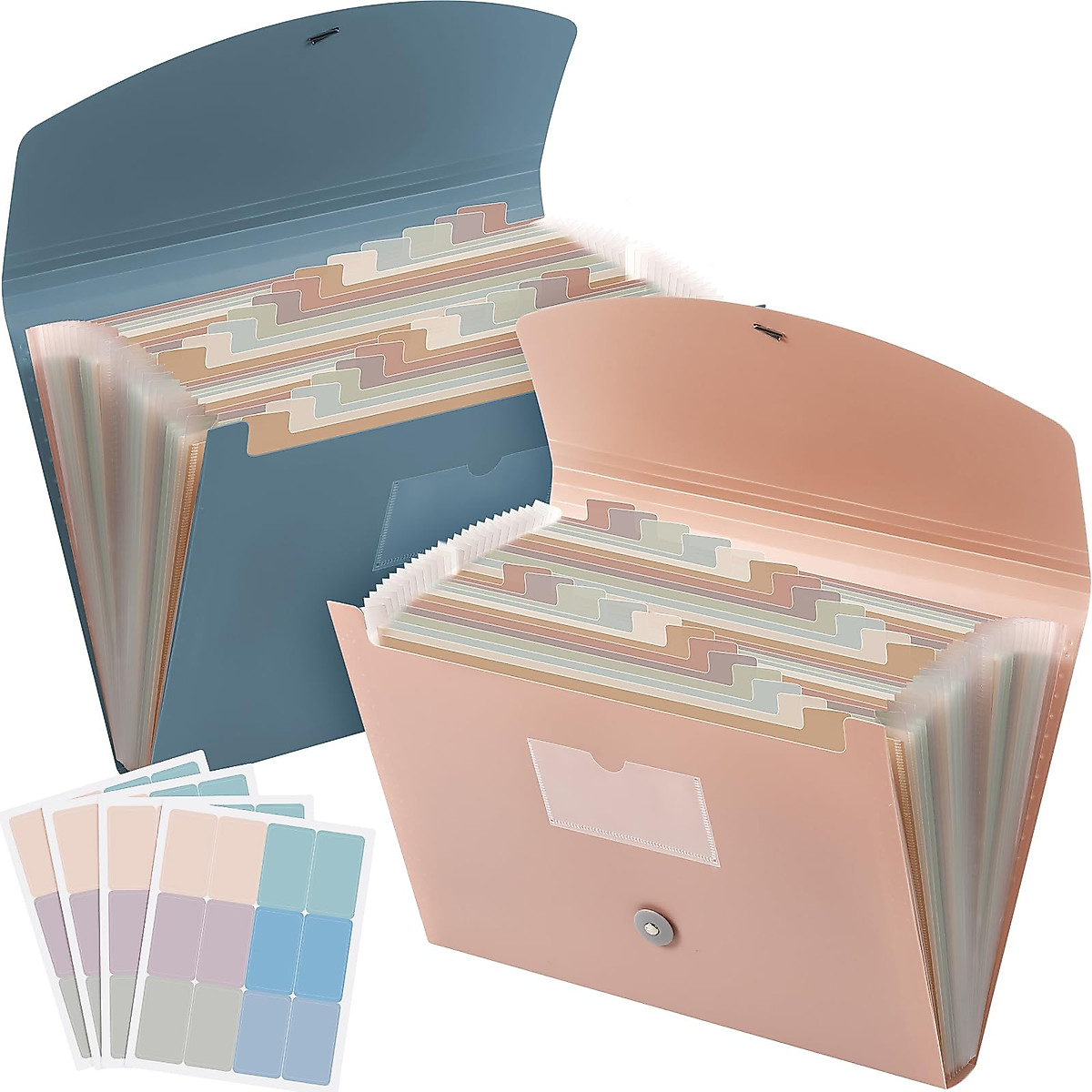 Harloon 2 Pack 24 Pockets Expanding File Folder with Cover Labels, Expanding File Organizer with Expandable Cover, Desktop Folders Letter A4 Paper Document Storage Organizer (Light Blue, Dark Pink)