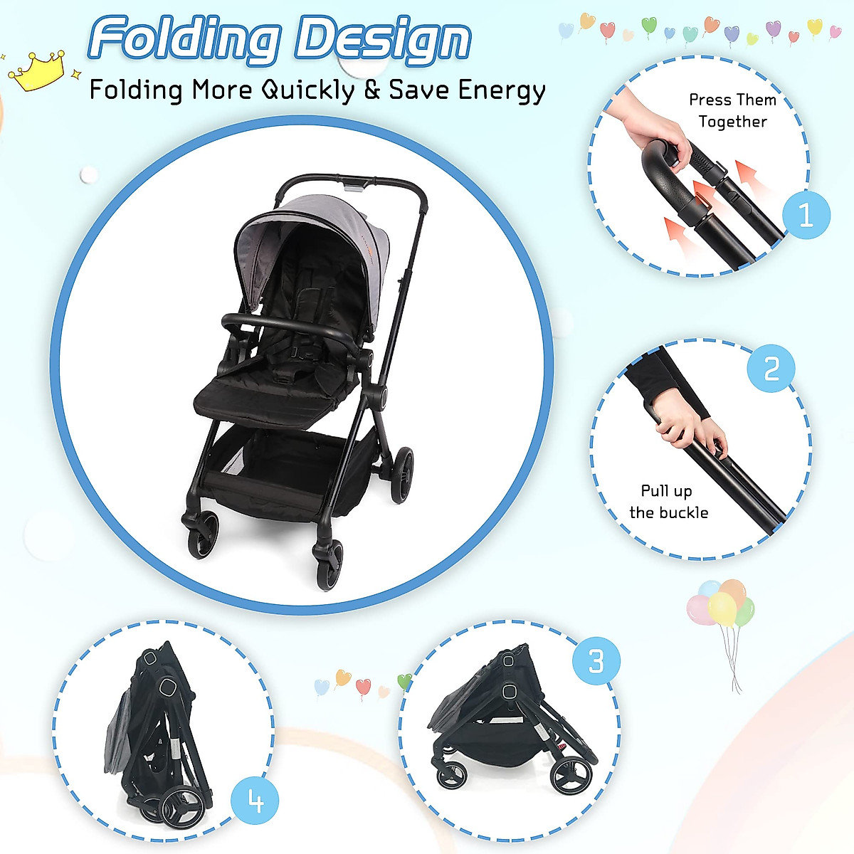 COLOR TREE Baby Stroller Lightweight Stroller for Babies and Toddlers Travel Stroller with Reversible Handle & Reclining Seat, Compact Fold, Grey