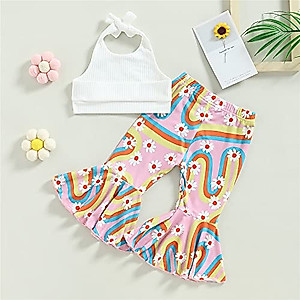 LAGKIYOJ Toddler Kids Baby Girl Boho Clothes Sleeveless Ribbed Tank Tops Floral Print Bell Bottoms Flare Pants Summer Outfit (White,12-18M)